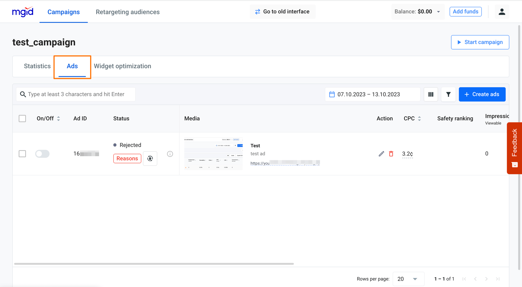 Ads Interface in MGID Ads