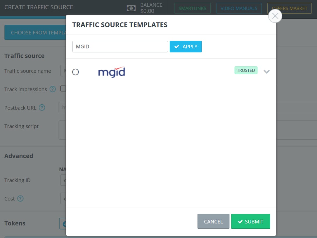 AdsBridge.com Affiliate Tracker Integration in MGID Ads