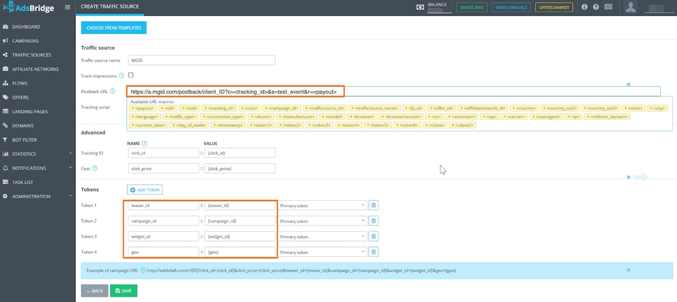 AdsBridge.com Affiliate Tracker Integration in MGID Ads
