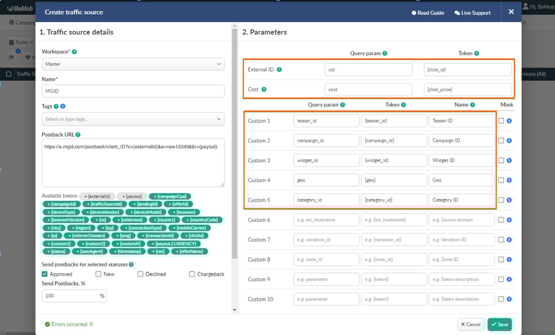 BeMob Tracker Integration in MGID Ads