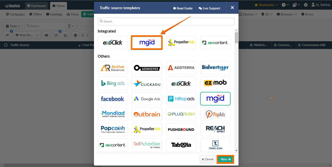 BeMob Tracker Integration in MGID Ads