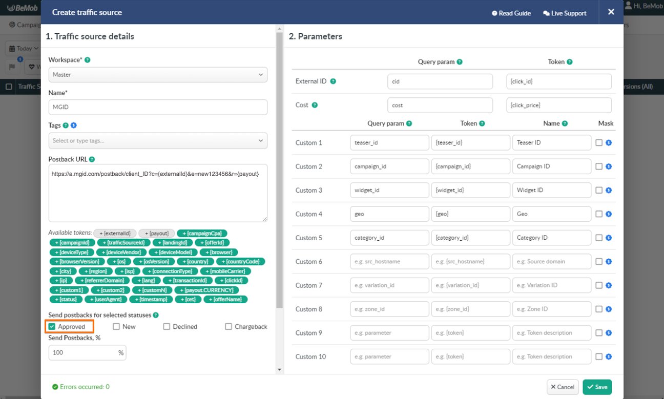 BeMob Tracker Integration in MGID Ads