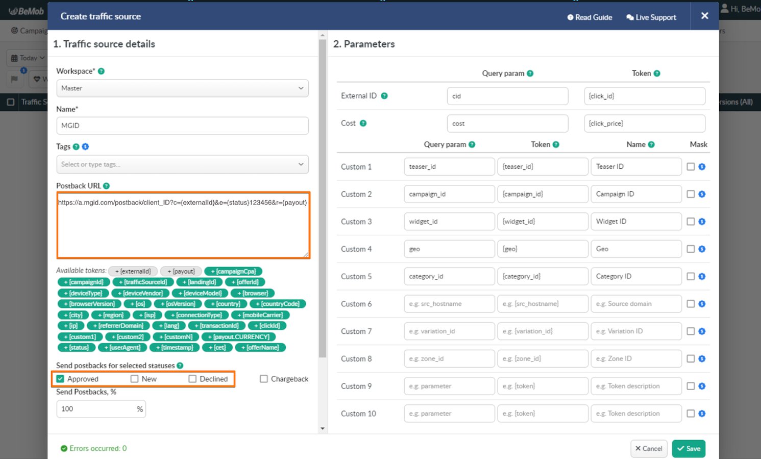 BeMob Tracker Integration in MGID Ads