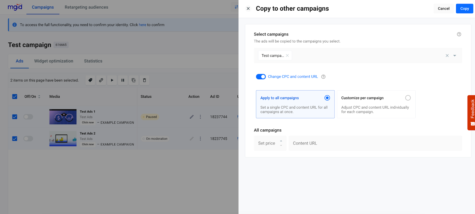 How to Copy Ads (Creatives) in MGID Ads?