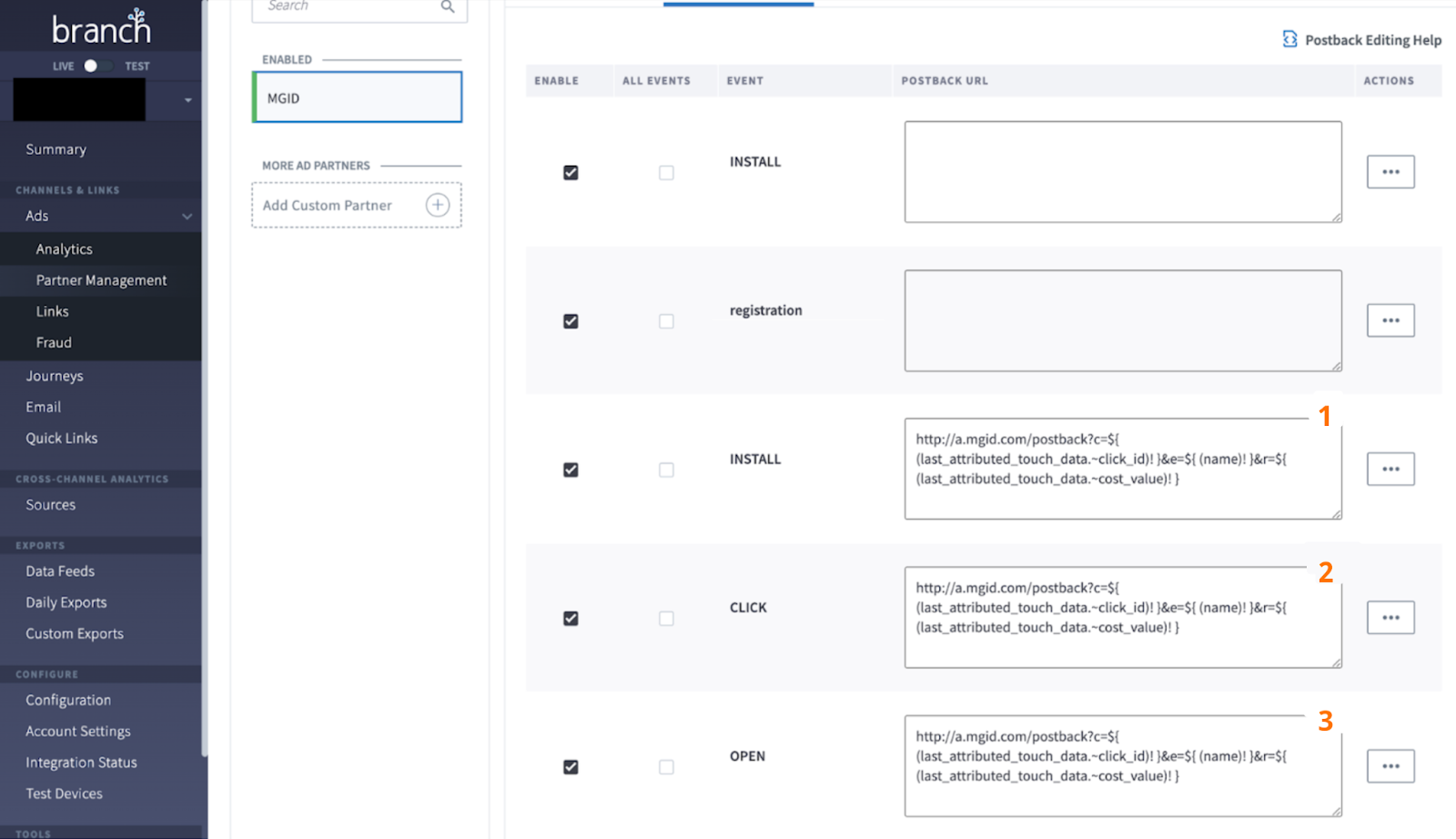 Branch App Tracker Integration in MGID Ads